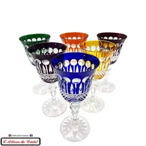 6 Red White Wine And Water Crystal Glasses - 6 Colors Assortments - Roemer Service Diamant(5,7 fl oz) - Klein House - Company : Artisan du Cristal - Gift Set - Stamped : Klein 54120 Baccarat France