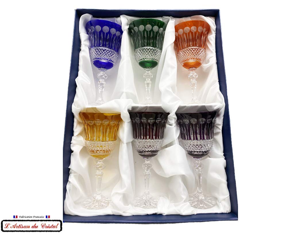 6 Red White Wine And Water Crystal Glasses - 6 Colors Assortments - Roemer Service Diamant(5,7 fl oz) - Klein House - Company : Artisan du Cristal - Gift Set - Stamped : Klein 54120 Baccarat France