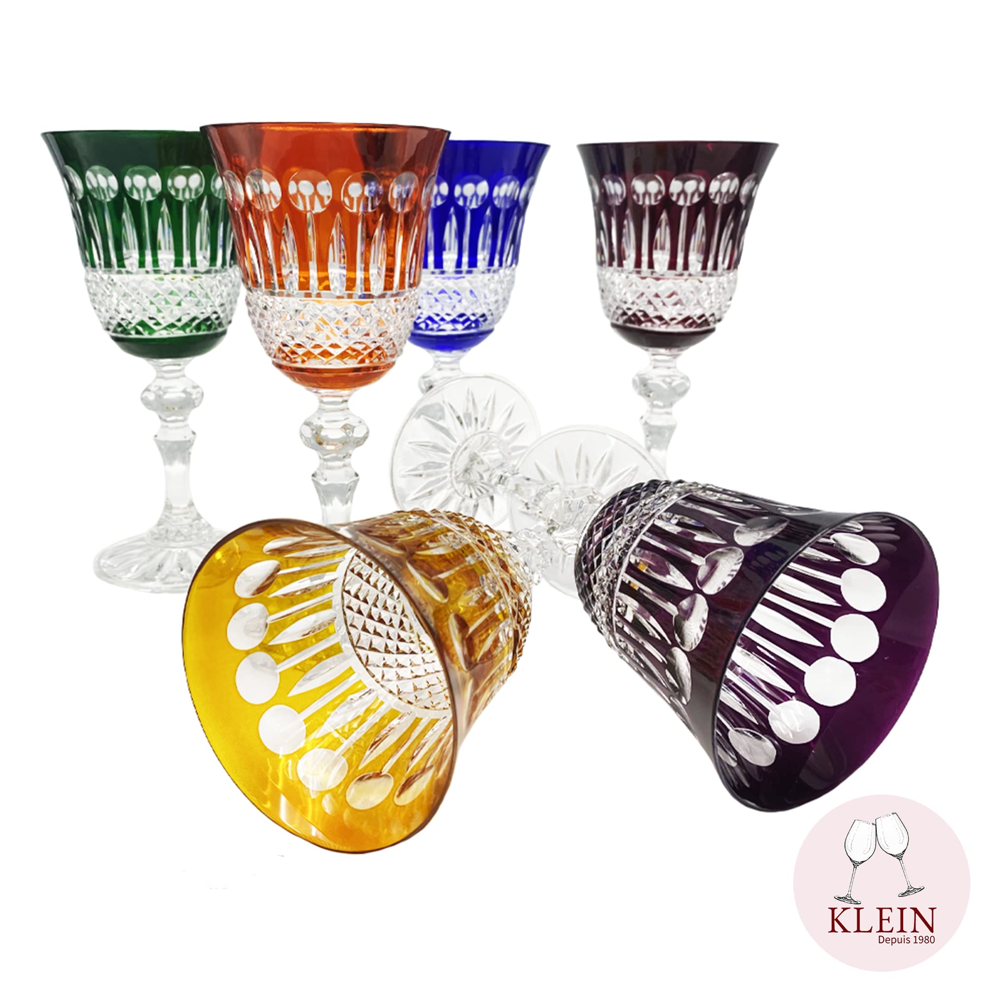 6 Red White Wine And Water Crystal Glasses - 6 Colors Assortments - Roemer Service Diamant(5,7 fl oz) - Klein House - Company : Artisan du Cristal - Gift Set - Stamped : Klein 54120 Baccarat France