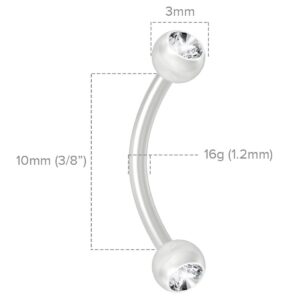 2pc 16g Flexible Bioflex Curved Barbell 3mm Bioplast Gem Ball Cubic Zirconia 10mm J-Curve Banana Bar