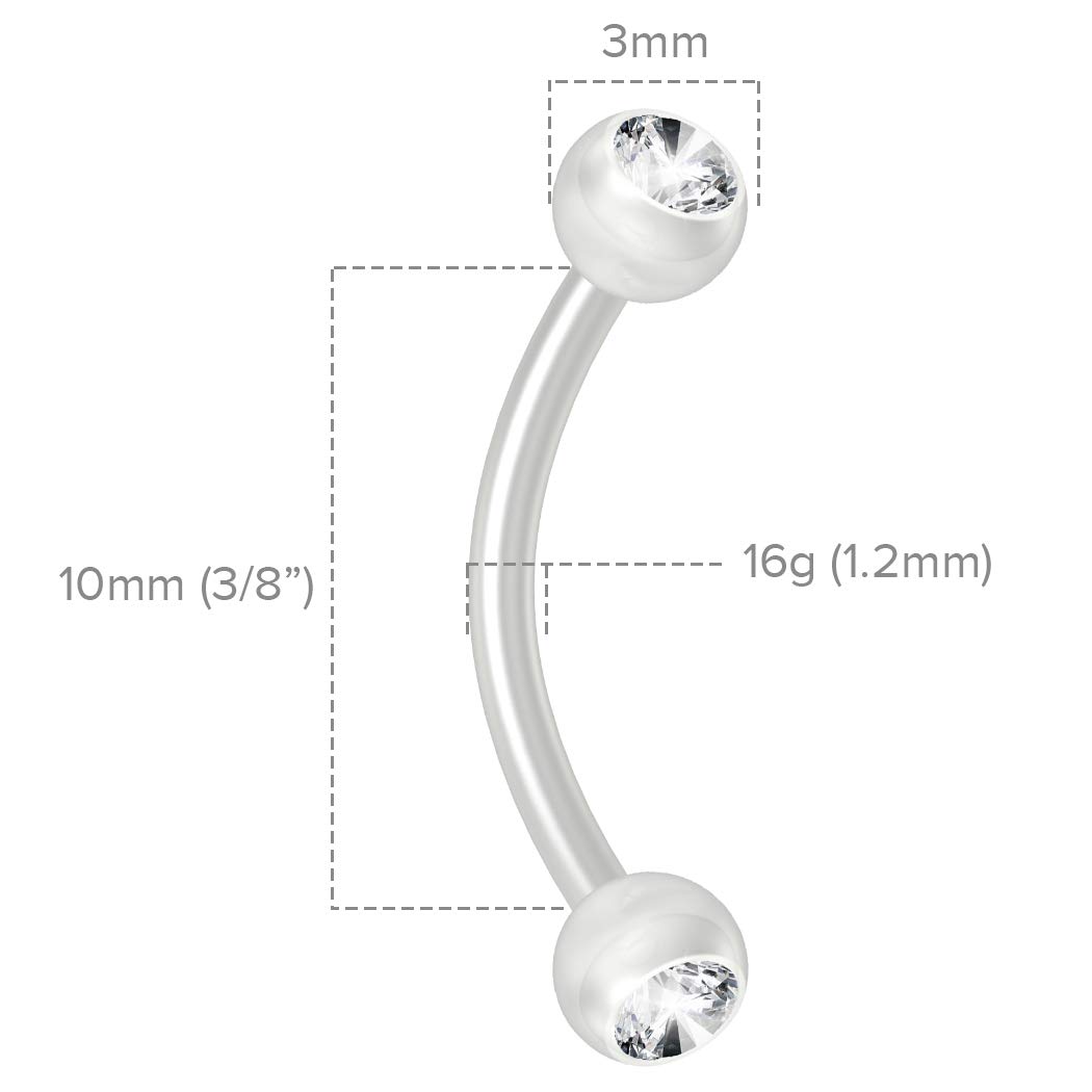 2pc 16g Flexible Bioflex Curved Barbell 3mm Bioplast Gem Ball Cubic Zirconia 10mm J-Curve Banana Bar