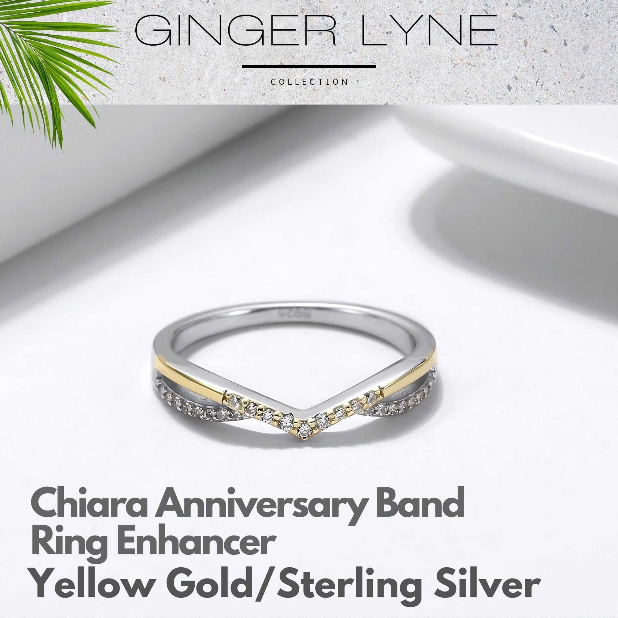 Chiara Wedding Band for Women by Ginger Lyne | Sterling Silver Gold Anniversary Ring for Her | V Shape Cubic Zirconia Ring Enhancer