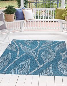 unique loom outdoor botanical collection area rug - leaf (6' 1" x 9' rectangle, teal/ ivory)