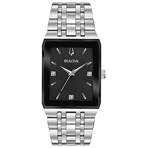 Bulova Men's Modern Stainless 3-Hand Quartz Watch, Black Rectangle Dial with Diamonds Style: 96D145