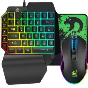 felicon one handed gaming keyboard and mouse combo, rainbow backlit 39 keys portable small mechanical feel keyboard with wrist rest support, rgb backlight 6 buttons adjustable mice for pc gamer