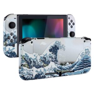 extremerate diy replacement shell buttons for nintendo switch, soft touch back plate for switch console, custom housing case with full set buttons for joycon handheld controller - the great wave