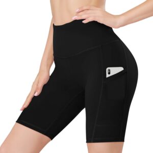 hiskywin 5"/8" inseam high waist women yoga shorts compression exercise workout running shorts pockets f18010-black-m