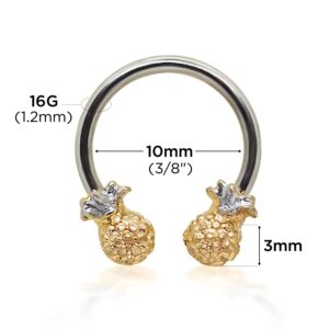 Pierce2GO Pineapple Septum Nose Ring with Silver & Gold Tones - Pineapple Horseshoe 316L Surgical Grade Stainless Steel Nose Septum Ring - Septum Hoop Rings for Women and Men Unisex (3/8")