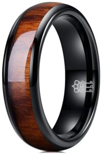 three keys jewelry 6mm black tungsten carbide wedding ring for women with koa wood inlay domed wedding band engagement ring comfort fit size 7.5