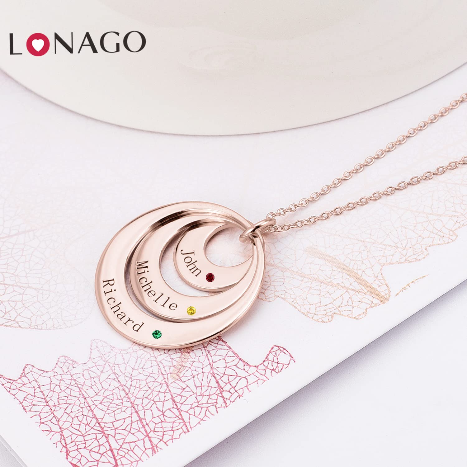 LONAGO Personalized Name Necklace Engraved 3 Disc Circle Necklace Custom Three Names Necklace Gift for Graduation Birthday