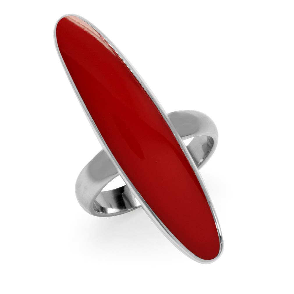 Silvershake Long Created Red Coral Inlay White Gold Plated 925 Sterling Silver Ring Size 6