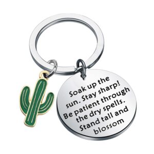 feelmem saguaro cactus keychain soak up the sun stand tall and blossom inspirational cacti charms keychain for friend plant lover gift (silver)