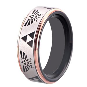 cloud dancer inverse engraving the legend of zelda ring- crest and triforce ring black and rose gold step tungsten carbide wedding bands ring (no black lines, 7)