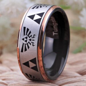 CLOUD DANCER Inverse Engraving The Legend of Zelda Ring- Crest and Triforce Ring Black and Rose Gold Step Tungsten Carbide Wedding Bands Ring (No Black Lines, 7)