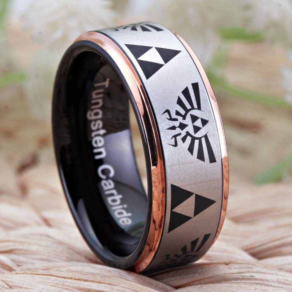 CLOUD DANCER Inverse Engraving The Legend of Zelda Ring- Crest and Triforce Ring Black and Rose Gold Step Tungsten Carbide Wedding Bands Ring (No Black Lines, 7)