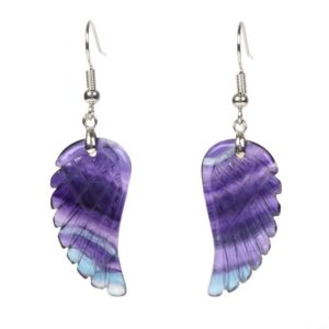 natural rainbow fluorite gemstone crystal healing reiki chakra handmade angel wing dangle earrings