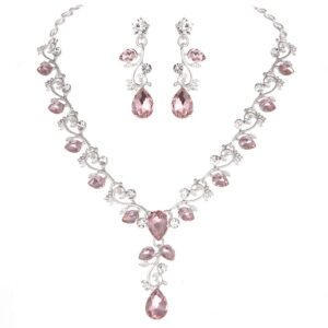 molie leaf vine crystal necklace earrings jewelry set for bridesmaids v-neck formal evening dress (pink)