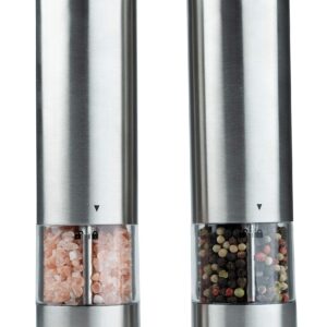 Electric Salt and Pepper Grinder Set by Intense Kitchen - Battery Operated Stainless Steel with Light & Clear Container Mills (2)- Adjustable Ceramic Coarseness - Fast Powerful Mill - One Hand Shakers