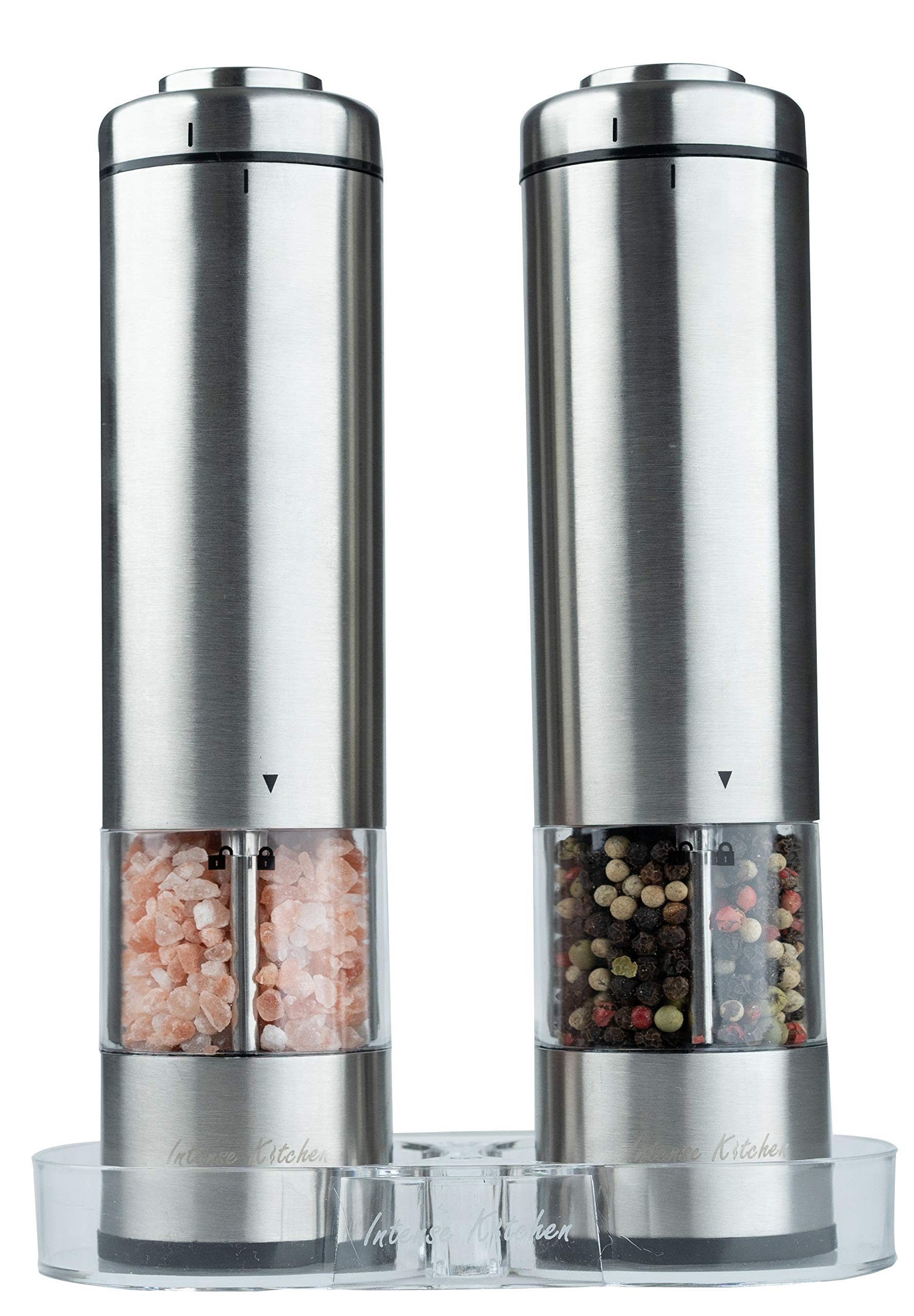 Electric Salt and Pepper Grinder Set by Intense Kitchen - Battery Operated Stainless Steel with Light & Clear Container Mills (2)- Adjustable Ceramic Coarseness - Fast Powerful Mill - One Hand Shakers