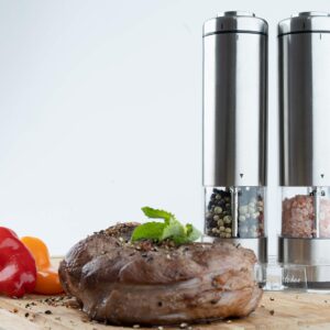 Electric Salt and Pepper Grinder Set by Intense Kitchen - Battery Operated Stainless Steel with Light & Clear Container Mills (2)- Adjustable Ceramic Coarseness - Fast Powerful Mill - One Hand Shakers