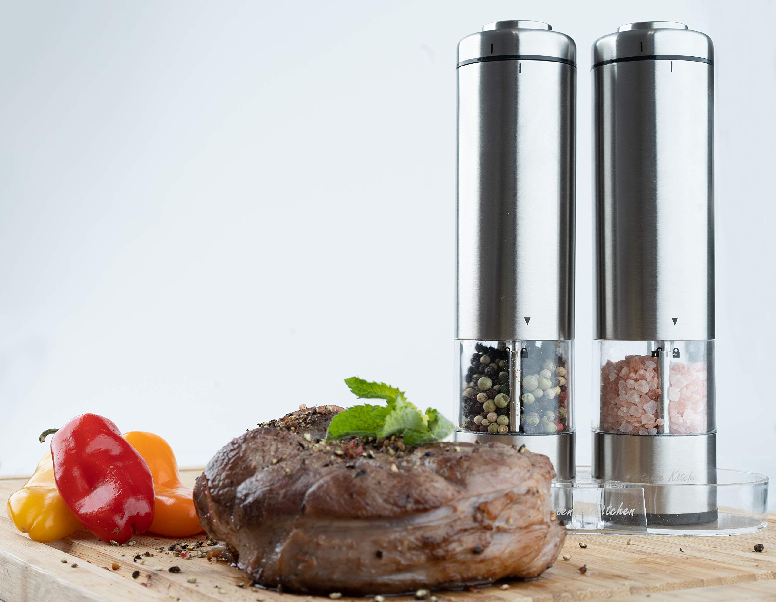 Electric Salt and Pepper Grinder Set by Intense Kitchen - Battery Operated Stainless Steel with Light & Clear Container Mills (2)- Adjustable Ceramic Coarseness - Fast Powerful Mill - One Hand Shakers