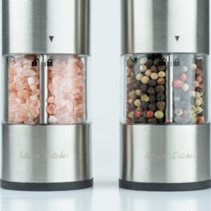 Electric Salt and Pepper Grinder Set by Intense Kitchen - Battery Operated Stainless Steel with Light & Clear Container Mills (2)- Adjustable Ceramic Coarseness - Fast Powerful Mill - One Hand Shakers