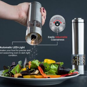 Electric Salt and Pepper Grinder Set by Intense Kitchen - Battery Operated Stainless Steel with Light & Clear Container Mills (2)- Adjustable Ceramic Coarseness - Fast Powerful Mill - One Hand Shakers