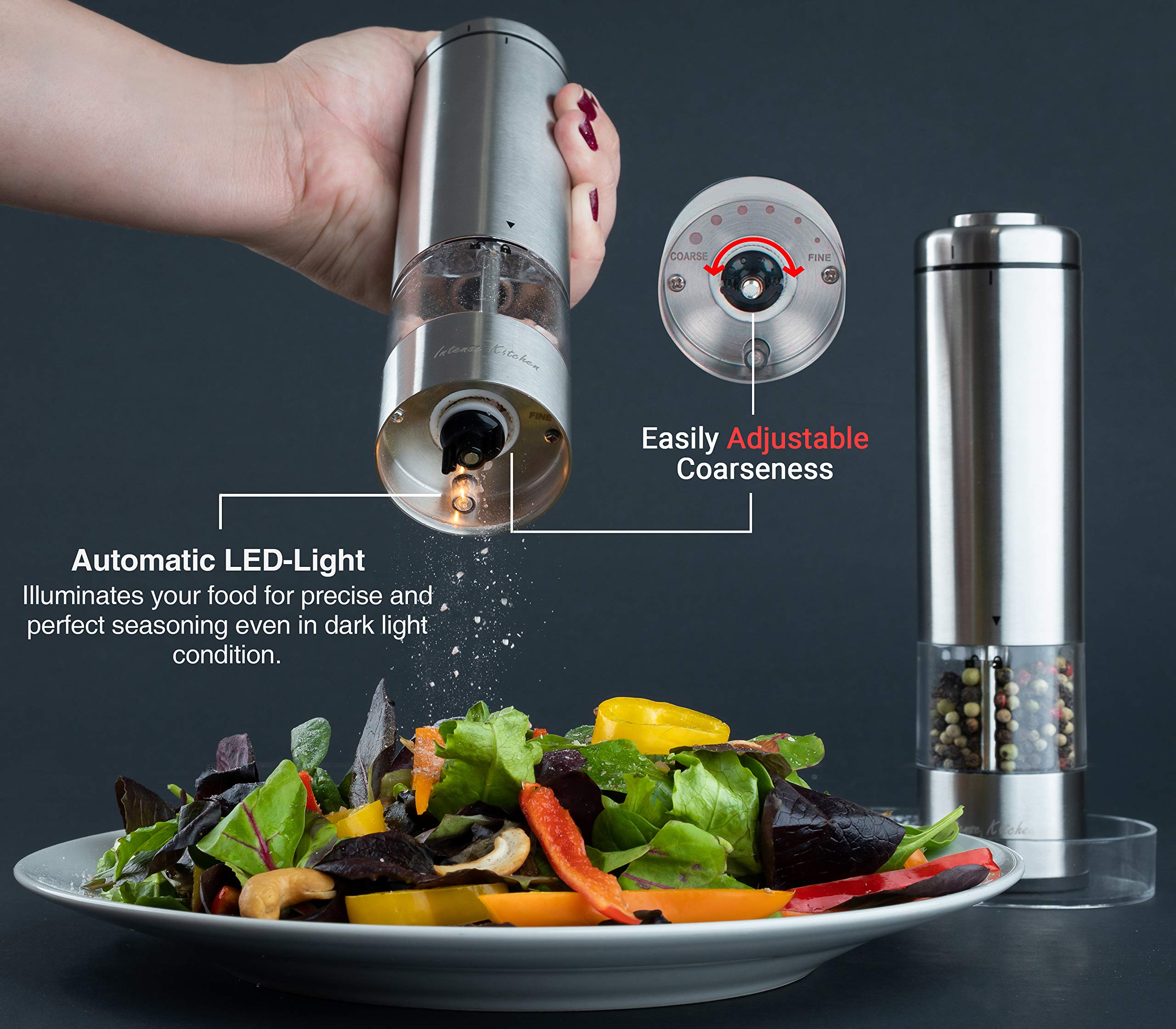 Electric Salt and Pepper Grinder Set by Intense Kitchen - Battery Operated Stainless Steel with Light & Clear Container Mills (2)- Adjustable Ceramic Coarseness - Fast Powerful Mill - One Hand Shakers