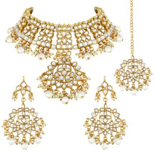 aheli indian traditional maang tikka with kundan necklace earrings set ethnic wedding party designer jewelry for women