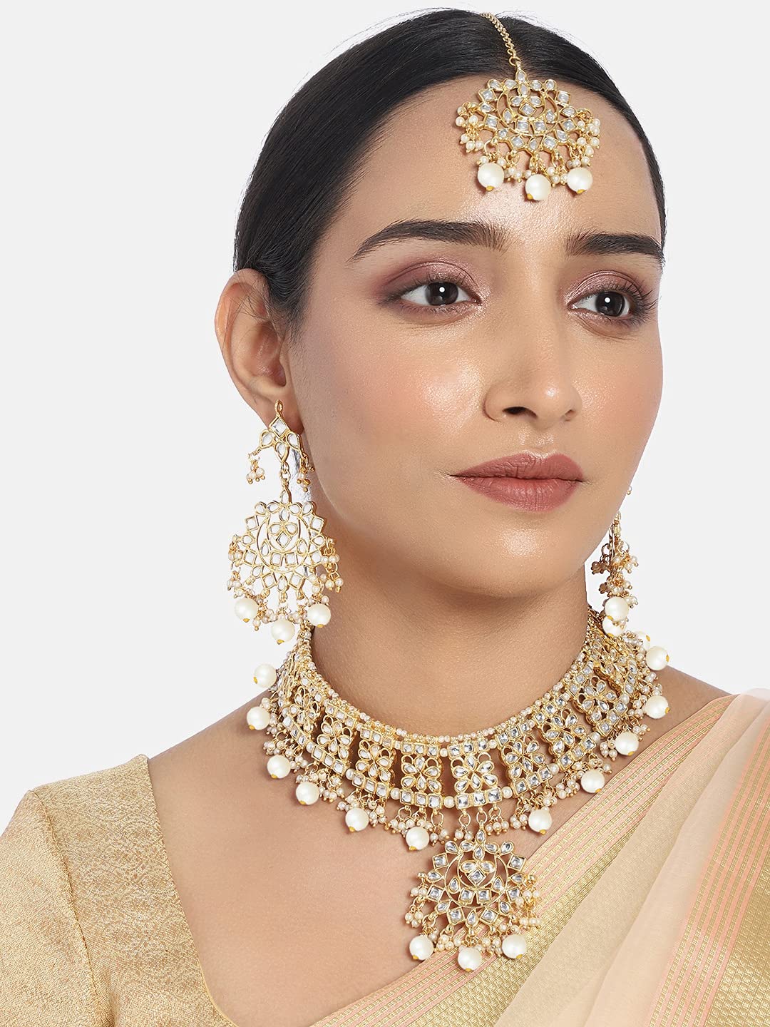 Aheli Indian Traditional Maang Tikka with Kundan Necklace Earrings Set Ethnic Wedding Party Designer Jewelry for Women