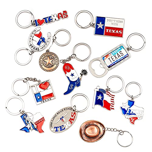 Texas Bundle Souvenir Metal Keychain 12 Pack-Texas Lone Star on Texas State Map, Don't Mess with Texas, I Love Texas, Longhorn, Texas Seal, Texas Bottle Opener, Texas Boot & More