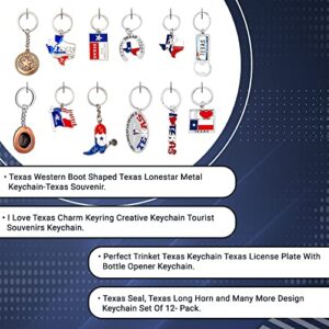 Texas Bundle Souvenir Metal Keychain 12 Pack-Texas Lone Star on Texas State Map, Don't Mess with Texas, I Love Texas, Longhorn, Texas Seal, Texas Bottle Opener, Texas Boot & More