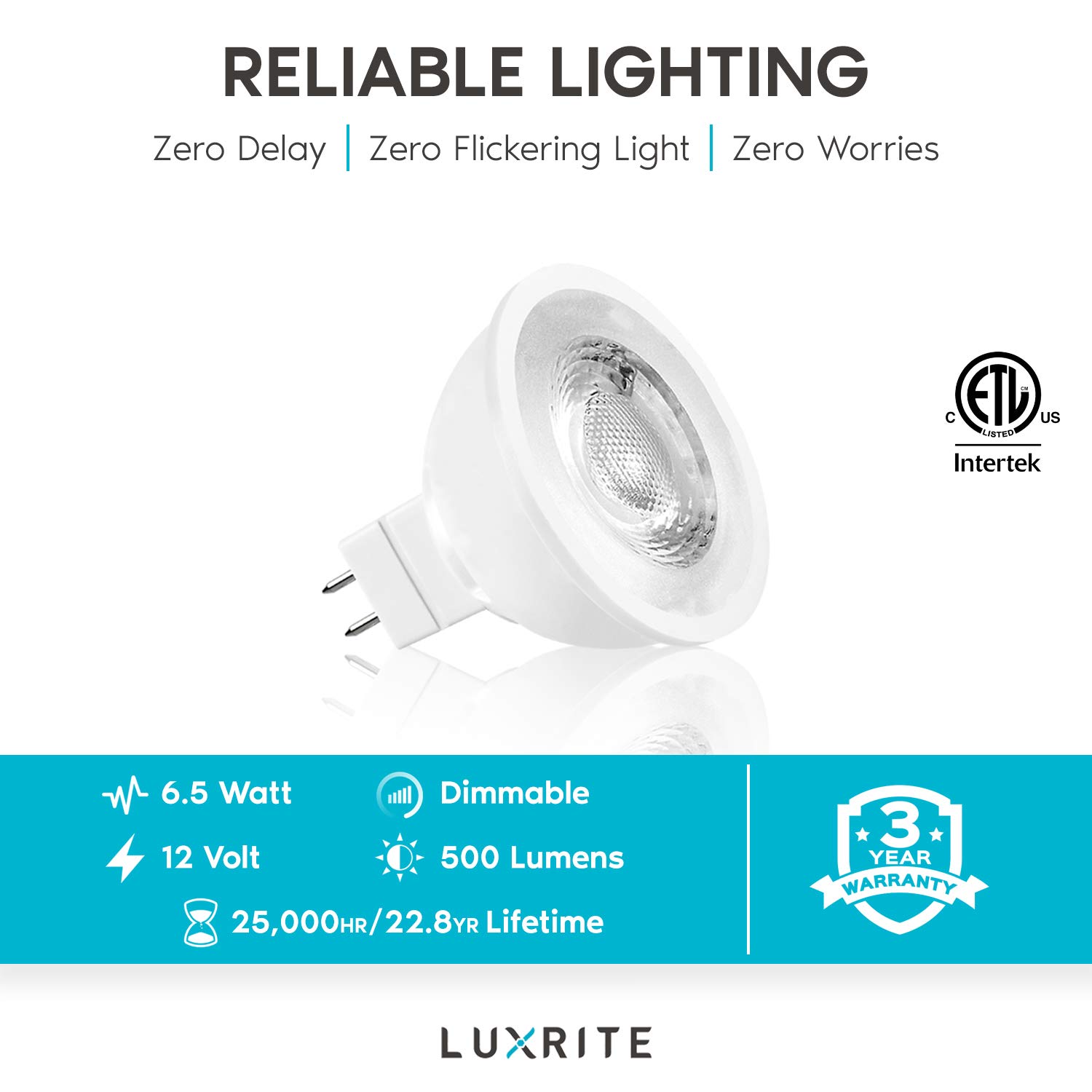 LUXRITE MR16 LED Bulb 50W Equivalent, 12V, 2700K Warm White Dimmable, 500 Lumens, GU5.3 LED Spotlight Bulb 6.5W, Enclosed Fixture Rated, Perfect for Track and Home Lighting (6 Pack)