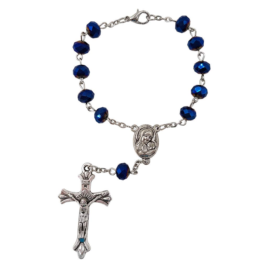 TALISMAN4U Deep Blue Crystal Beads One Decade Auto Rosary Catholic Crucifix Jerusalem Holy Soil Centerpiece