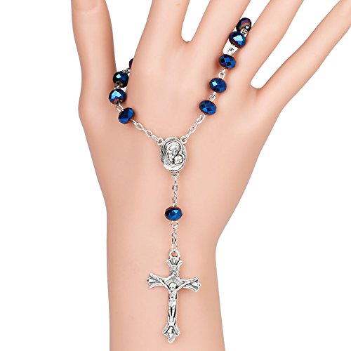 TALISMAN4U Deep Blue Crystal Beads One Decade Auto Rosary Catholic Crucifix Jerusalem Holy Soil Centerpiece