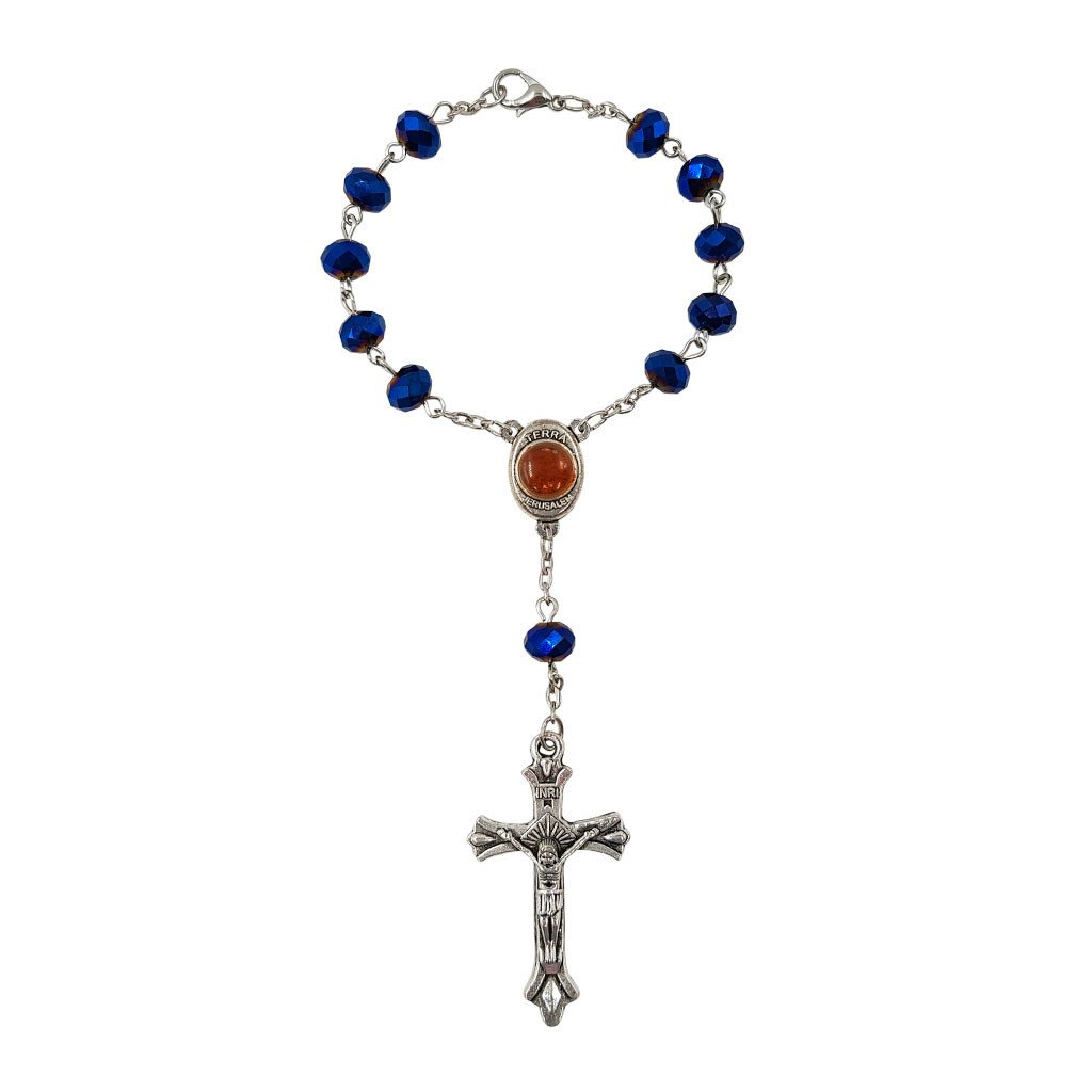 TALISMAN4U Deep Blue Crystal Beads One Decade Auto Rosary Catholic Crucifix Jerusalem Holy Soil Centerpiece