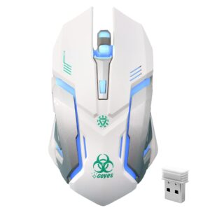 vegcoo white wireless gaming mouse, silent click wireless mouse with 3 level dpi, rechargeable computer mice with colorful rgb led lights and side buttons for laptop and desktop