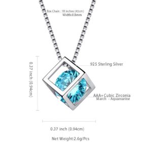 Aurora Tears Birthstone March Necklaces Women 925 Sterling Silver Crystal 3D Cube Mar. Birth Stone Pendant Cubic Zirconia Birthday Pendant Charm Dating Gift Jewelry DP0028M