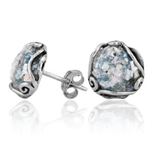 paz creations women's 925 sterling silver roman glass patina stud earrings - handcrafted round-cut ball earring - unique natural organic jewelry for her