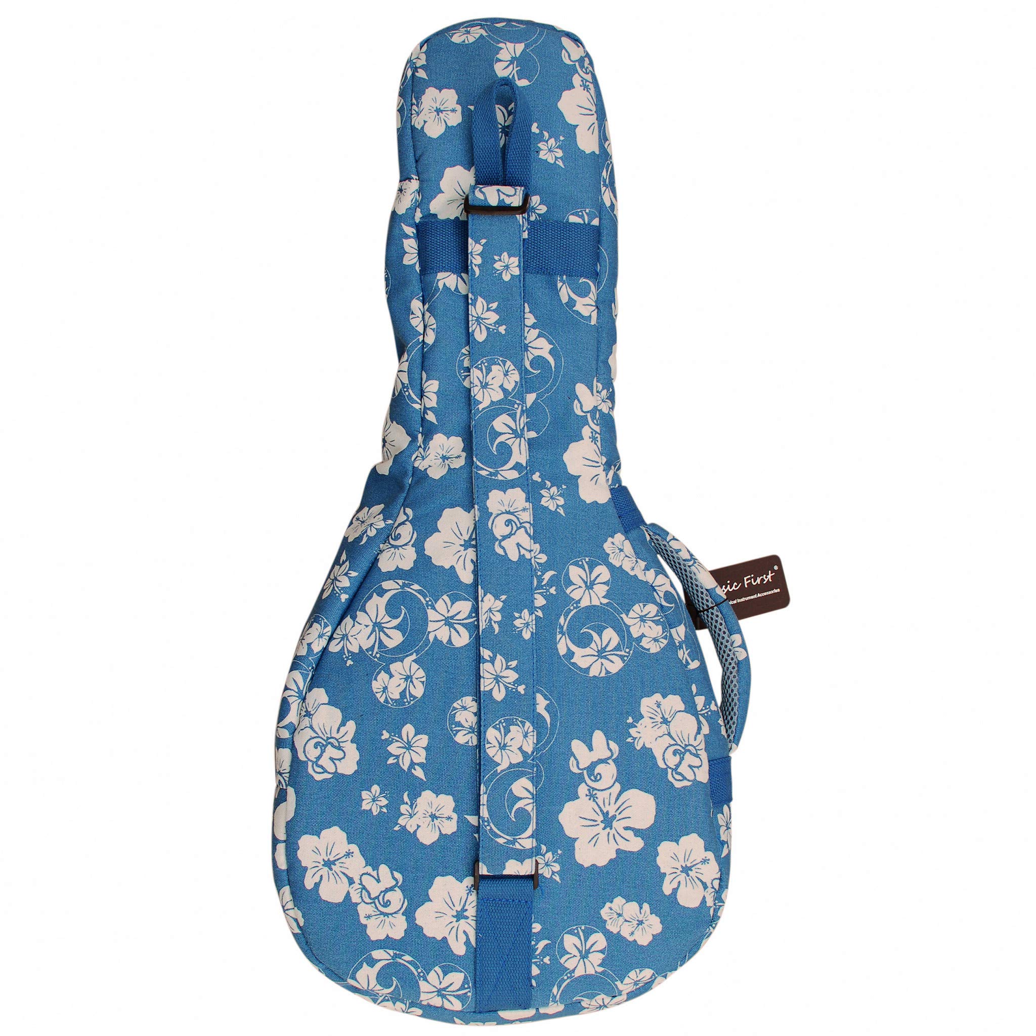 MUSIC FIRST Original Design 15mm Thick Padded Hawaii Style “Blue and White Plumeria” Canvas A & F Style (Standard) Mandolin Gig Bag Soft Mandolin Case Fits for Most of A Mandolin, Salute ELVIS