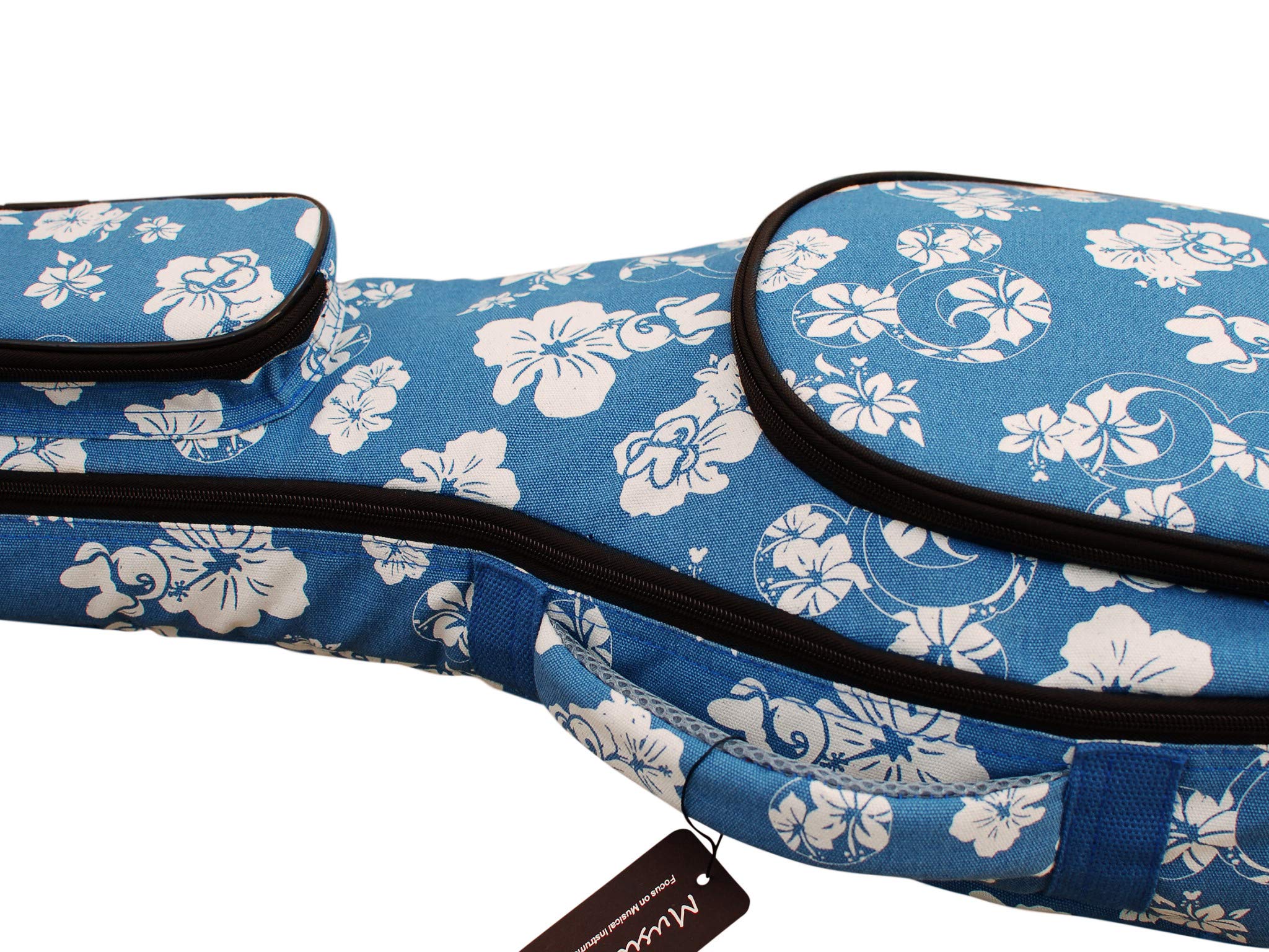 MUSIC FIRST Original Design 15mm Thick Padded Hawaii Style “Blue and White Plumeria” Canvas A & F Style (Standard) Mandolin Gig Bag Soft Mandolin Case Fits for Most of A Mandolin, Salute ELVIS