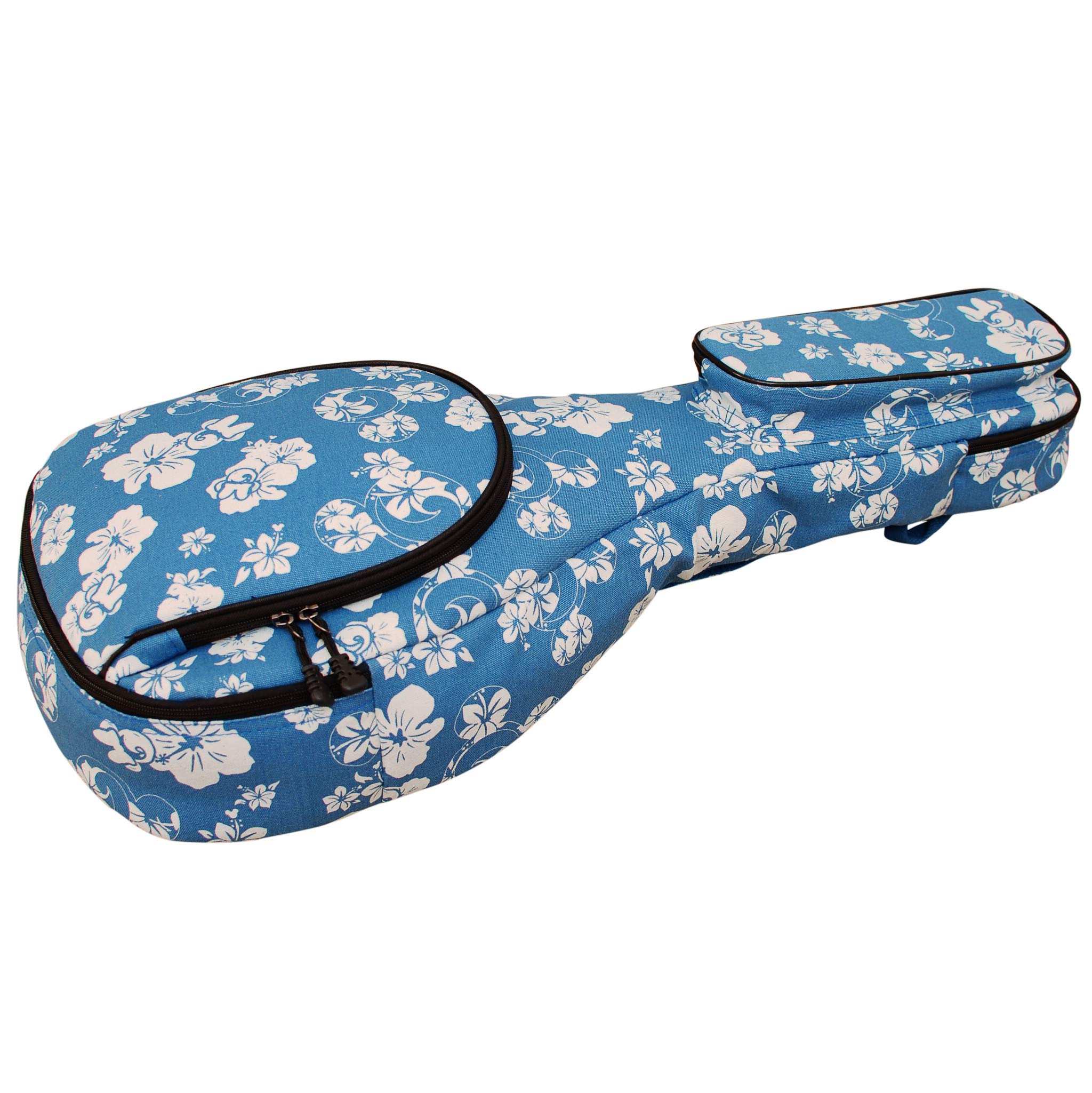 MUSIC FIRST Original Design 15mm Thick Padded Hawaii Style “Blue and White Plumeria” Canvas A & F Style (Standard) Mandolin Gig Bag Soft Mandolin Case Fits for Most of A Mandolin, Salute ELVIS