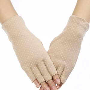 Maxdot Fingerless Gloves Non Slip UV Protection Driving Gloves Summer Outdoor Gloves for Women and Girls (Khaki,2 Pairs)