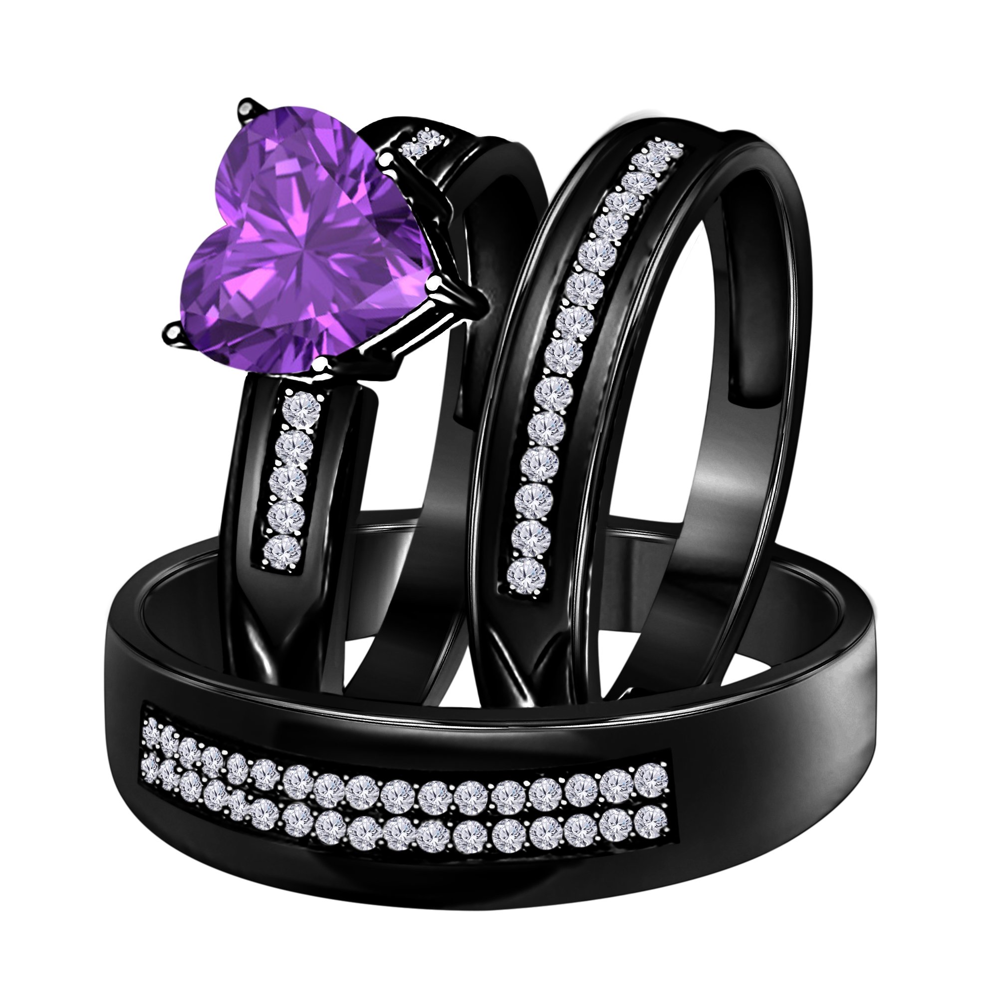 DS Jewels His and Hers Matching Wedding Band Ring Set 14K Black Rhodium Plated Alloy 6 MM Heat Cut CZ Amethyst Engagement Trio Bridal Set