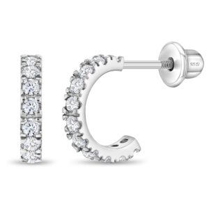 925 sterling silver clear cubic zirconia small half hoop screw back earrings for teens and women - classic and elegant safety screw back earrings wear for all occasion