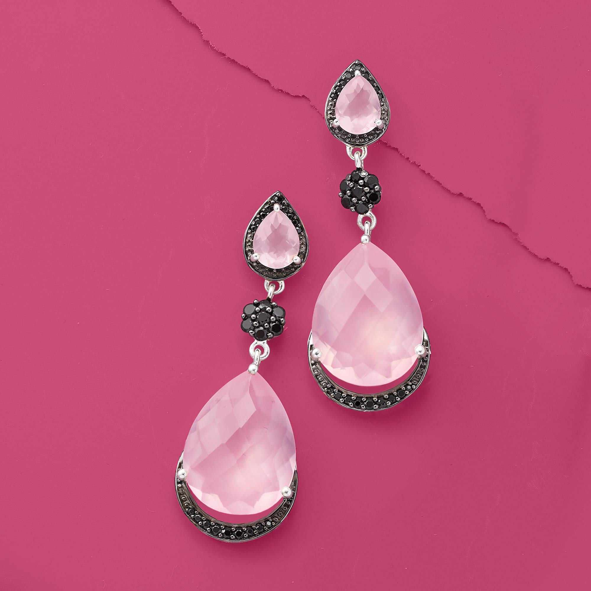 Ross-Simons 22.20 ct. t.w. Rose Quartz and 1.00 ct. t.w. Black Spinel Drop Earrings in Sterling Silver