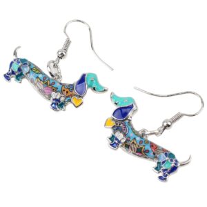 NEWEI Enamel Alloy Dachshund Dog Earrings Dangle Drop Fashion Cute Animal Jewelry For Women Gifts Charms (Blue)