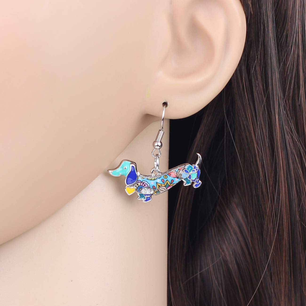 NEWEI Enamel Alloy Dachshund Dog Earrings Dangle Drop Fashion Cute Animal Jewelry For Women Gifts Charms (Blue)