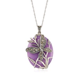 ross-simons 30x25mm purple agate and marcasite beaded butterfly pendant necklace in sterling silver. 18 inches