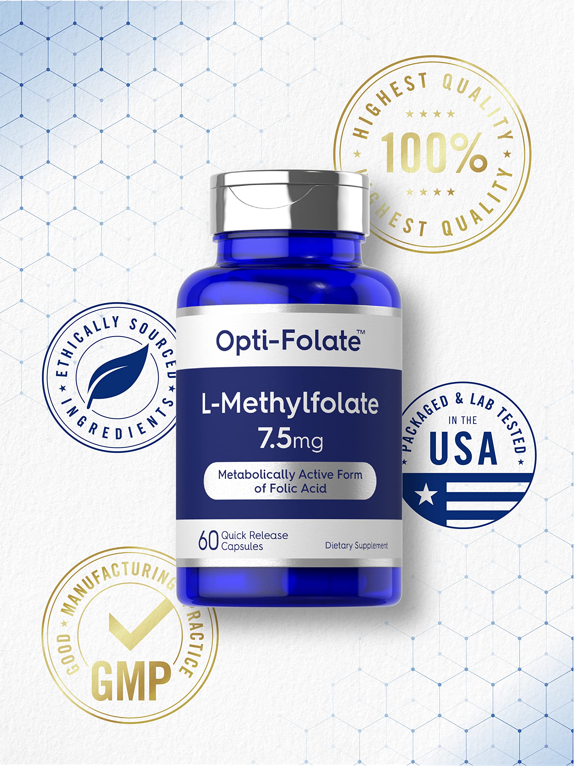 Carlyle L Methylfolate 7.5 mg | 60 Capsules | Optimized and Activated | Non-GMO, Gluten Free | Methyl Folate, 5-MTHF | by Opti-Folate